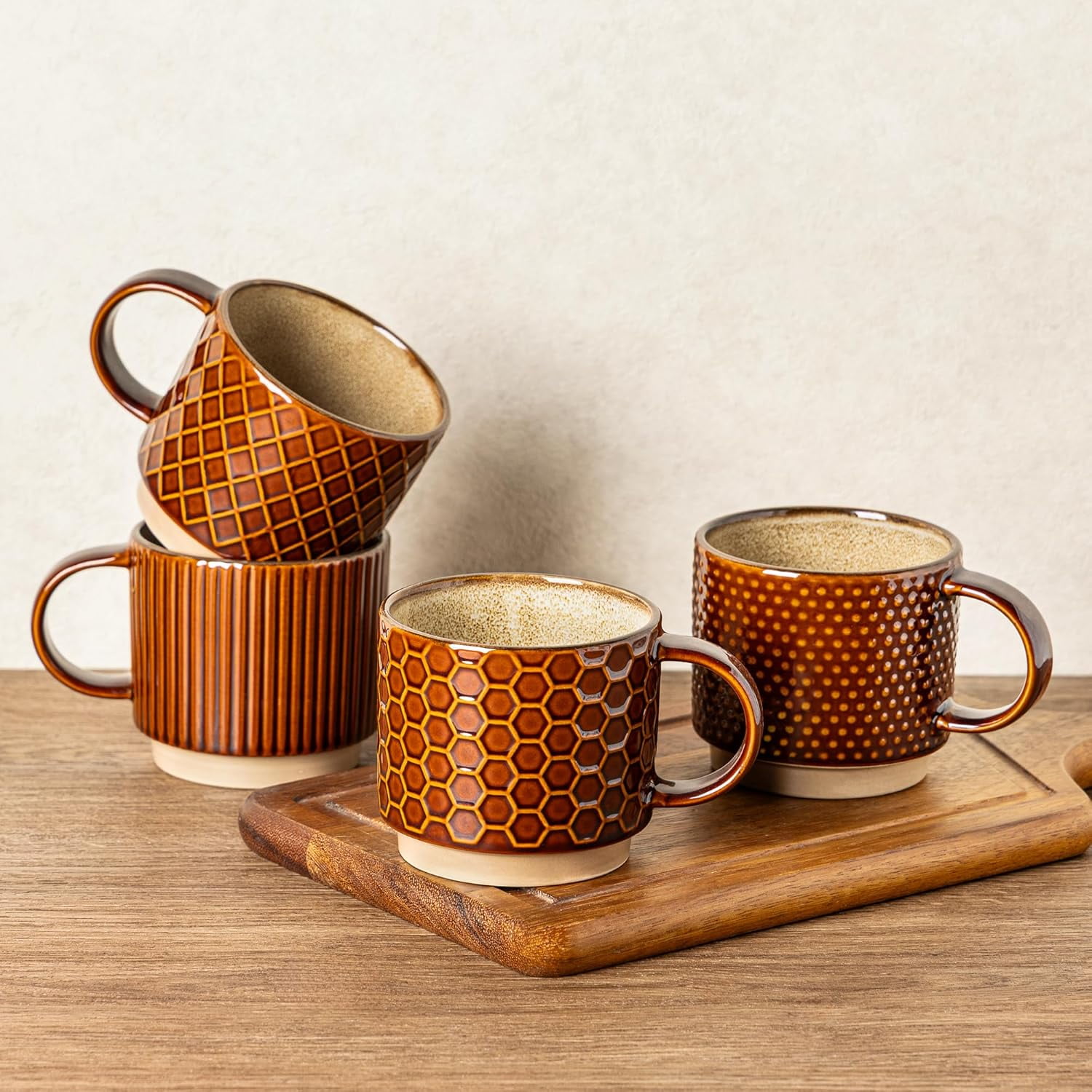 12 OZ Stackable Coffee Mugs, Ceramic Coffee Cups with Texture Patterns ...