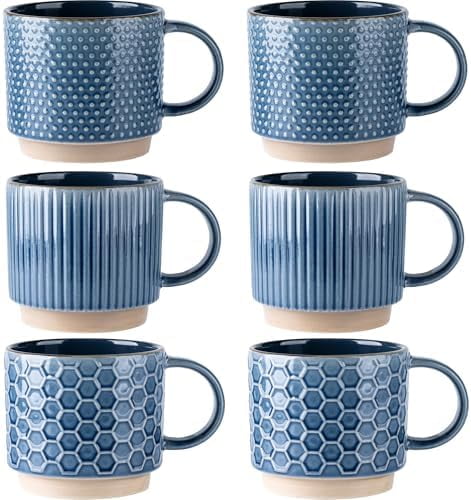 12 OZ Stackable Coffee Mugs Set of 6, Ceramic Coffee Mugs with Texture ...