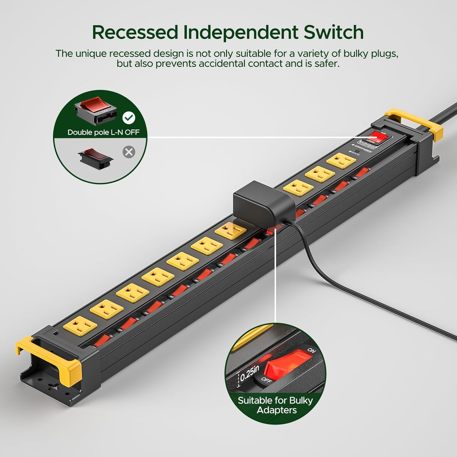 12 Outlet Long Heavy Duty Power Strip with Individual Switches, 3300J ...