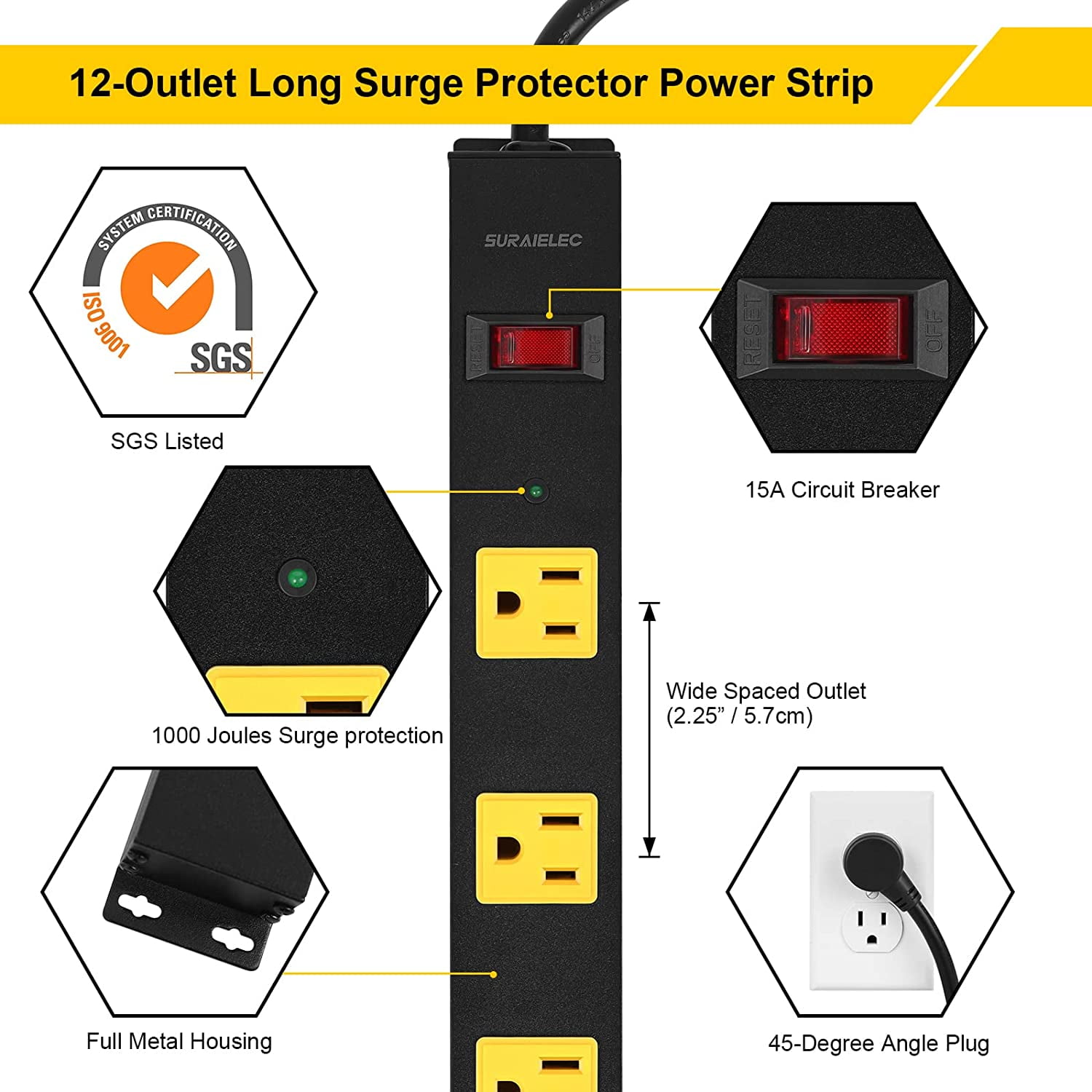 12 Outlet Long Metal Power Strip, 15FT Cord Surge Protector, Angled ...