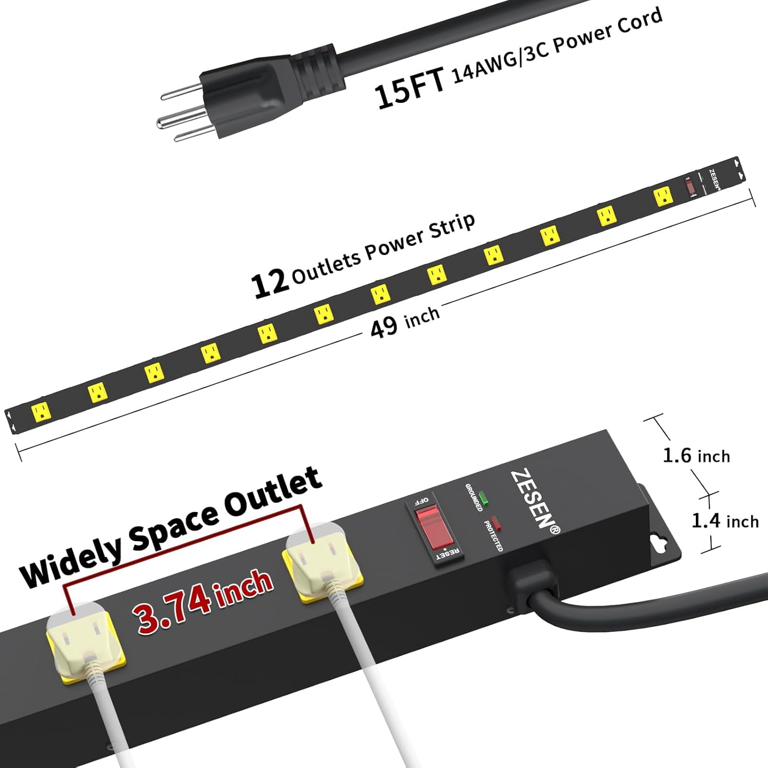 12 Outlet Long Power Strip with 15ft Cord, Wide Spaced Industrial Heavy ...