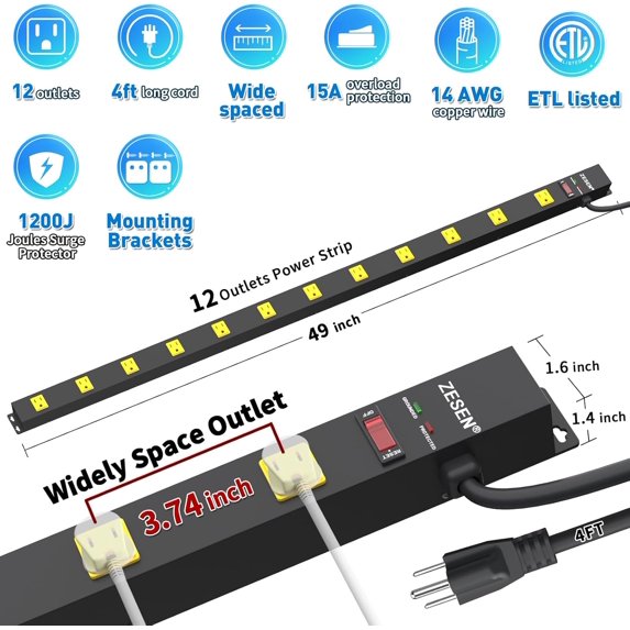 12 Outlet Long Power Strips Heavy Duty Wide-Spaced Outlets Industrial ...