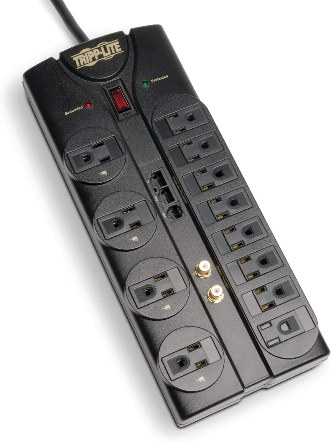 12 Outlet Surge Protector Power Strip, 8ft Cord, Right-Angle Plug, Tel ...