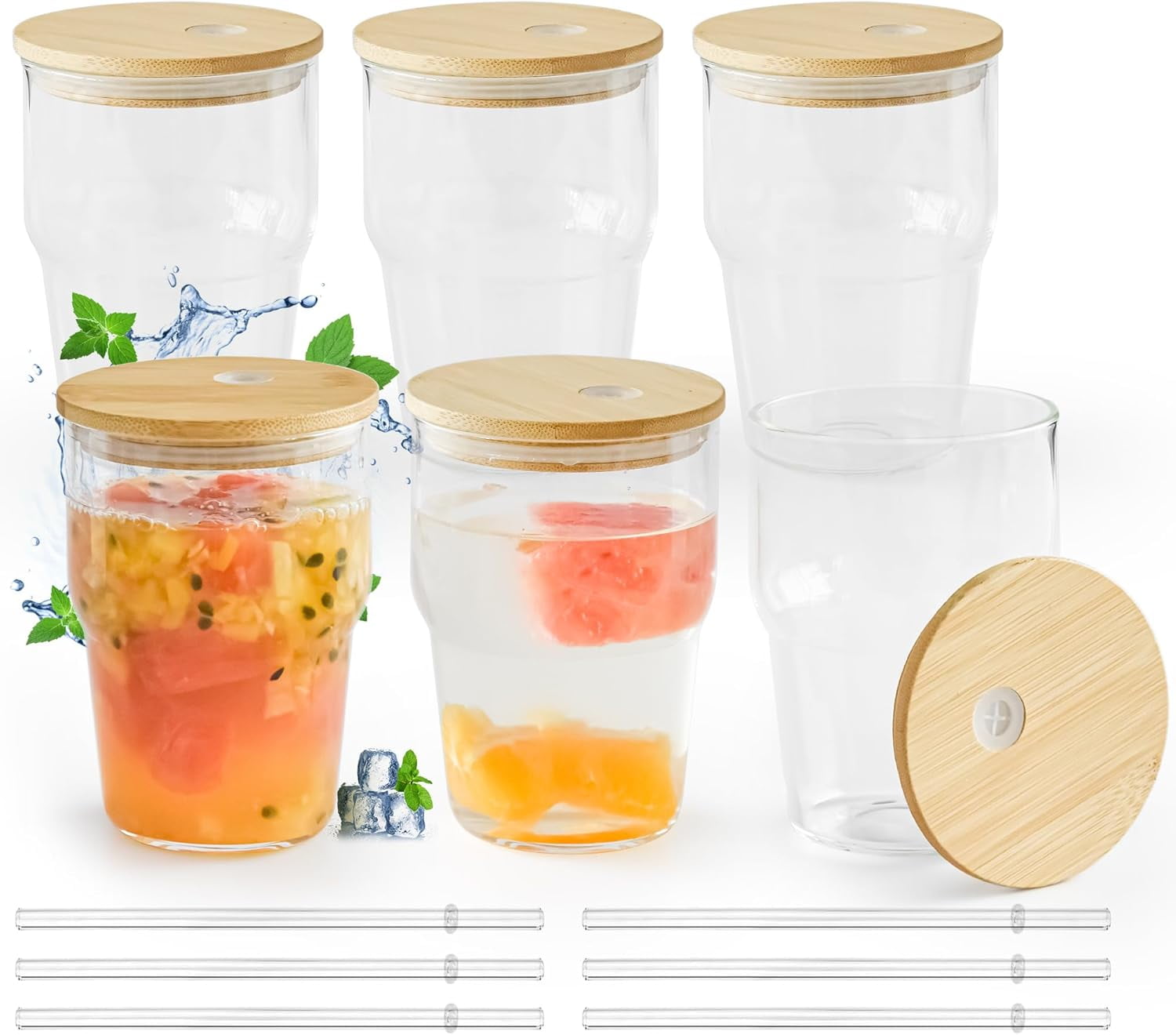 12 Oz Glass Cups with Lids and Straws 6 Pack Wide Mouth Iced Coffee ...