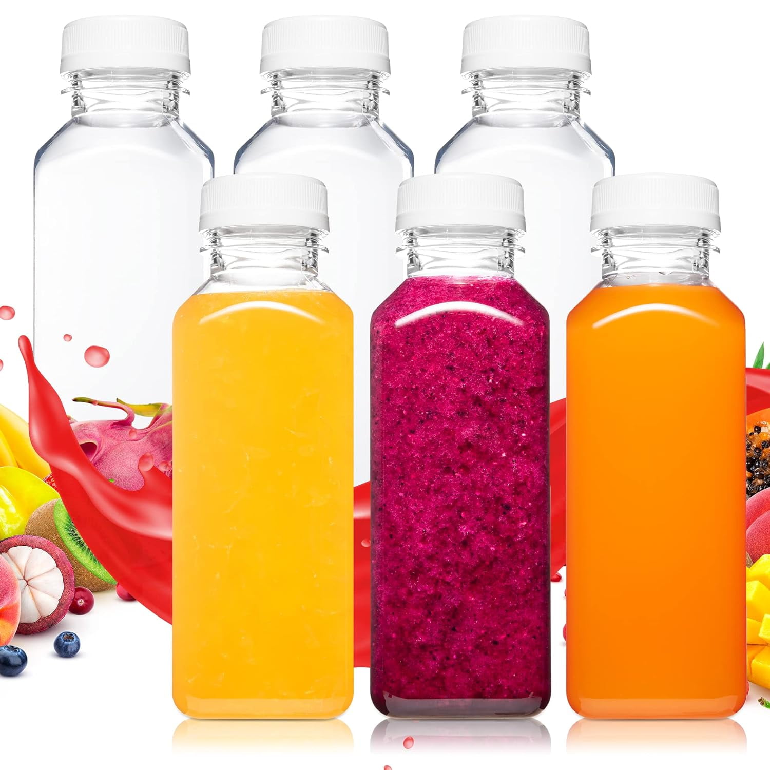 12 Oz Plastic Bottles with Caps - Reusable Juice Containers for Fridge ...