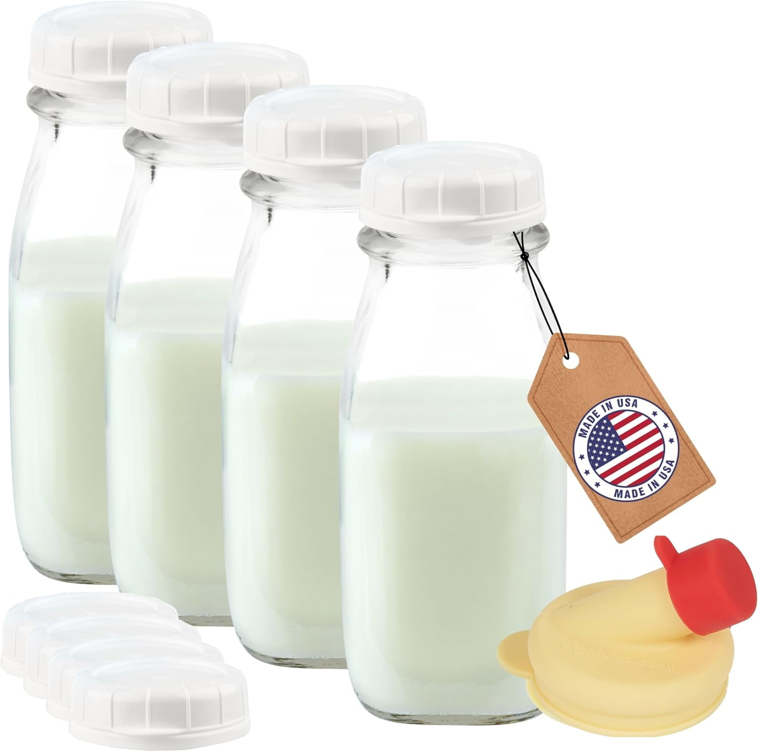12 Oz Square Glass Milk Bottles with Lids (4 Pack) – Reusable Glass ...