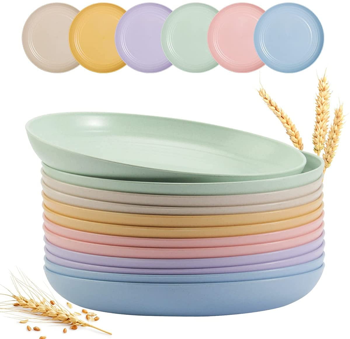 12 PACK 9 Inch Lightweight Wheat Straw Plates, Unbreakable Deep Dinner ...