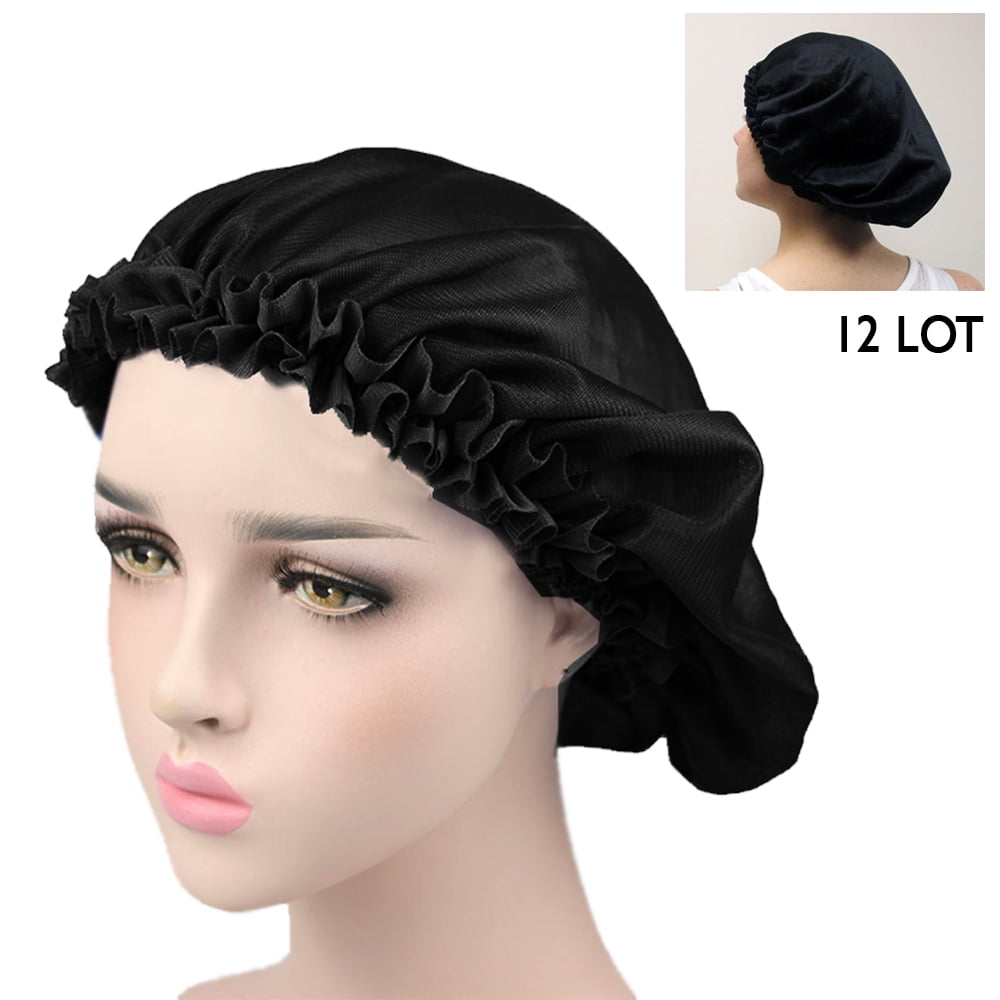 12 PC Black Large Sleep Hair Cap Breathable Comfortable Elastic Salon ...