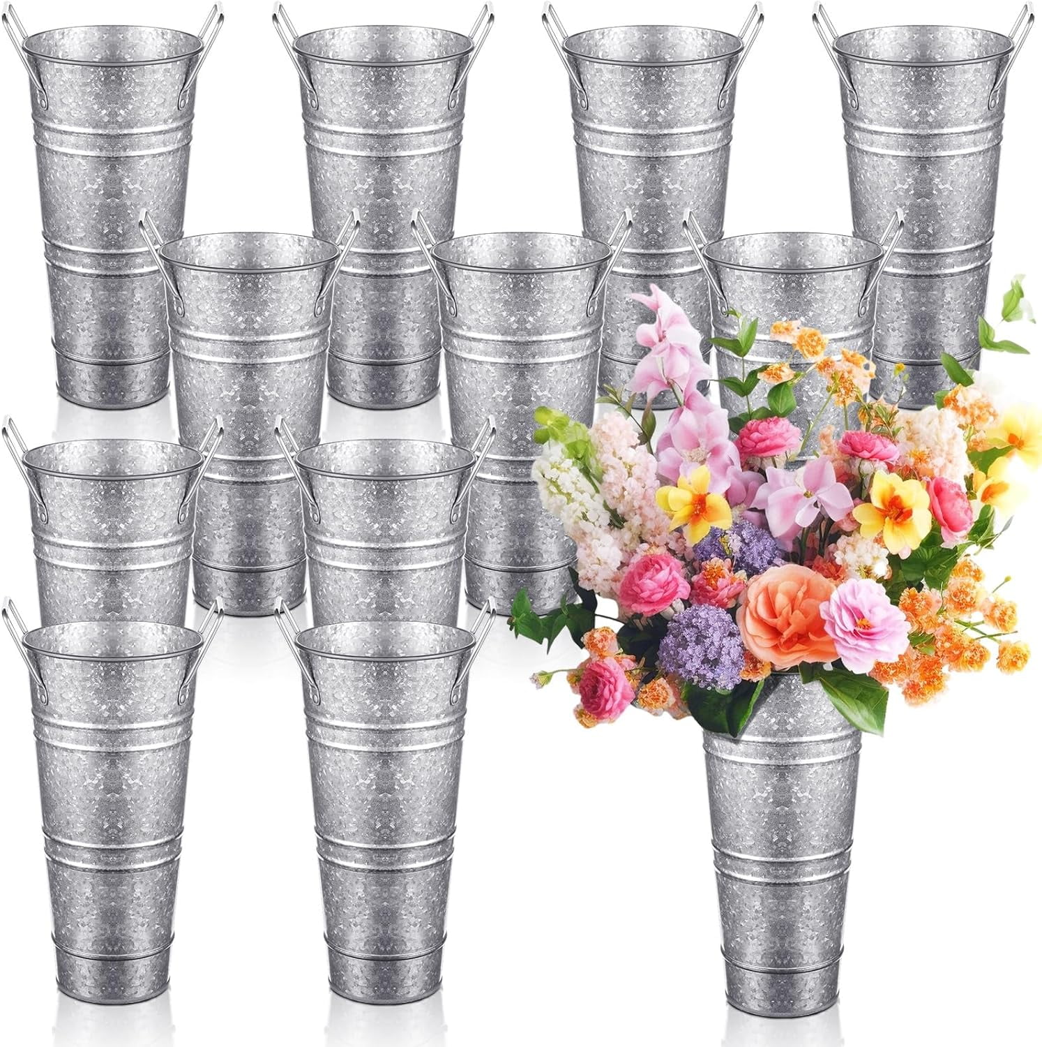 12 PCS 12 Inch Galvanized Metal Vase with Handles Bulk Tin Flower ...