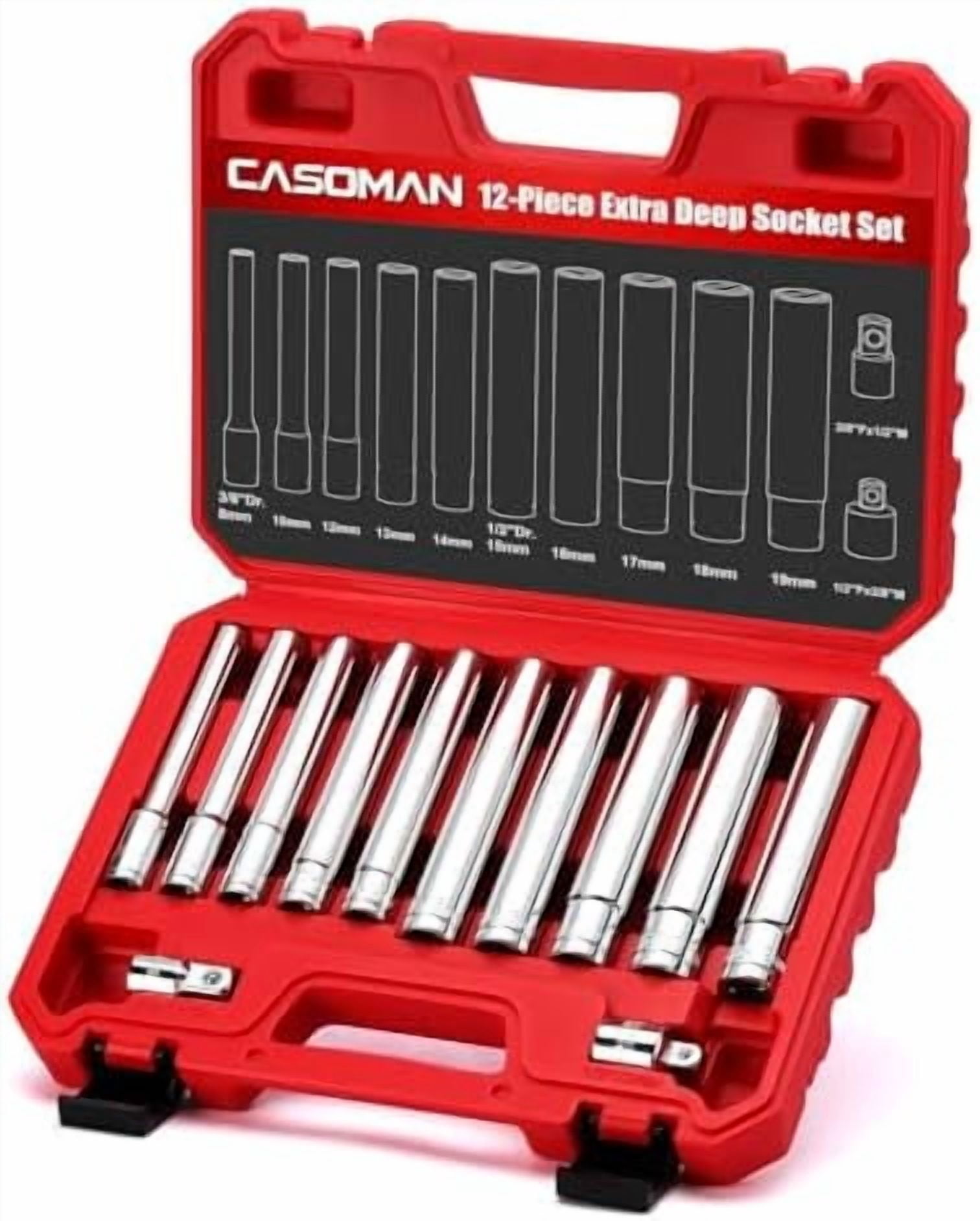 12 PCS 3/8-Inch & 1/2-Inch Drive Extra Deep Socket Set with Storage ...
