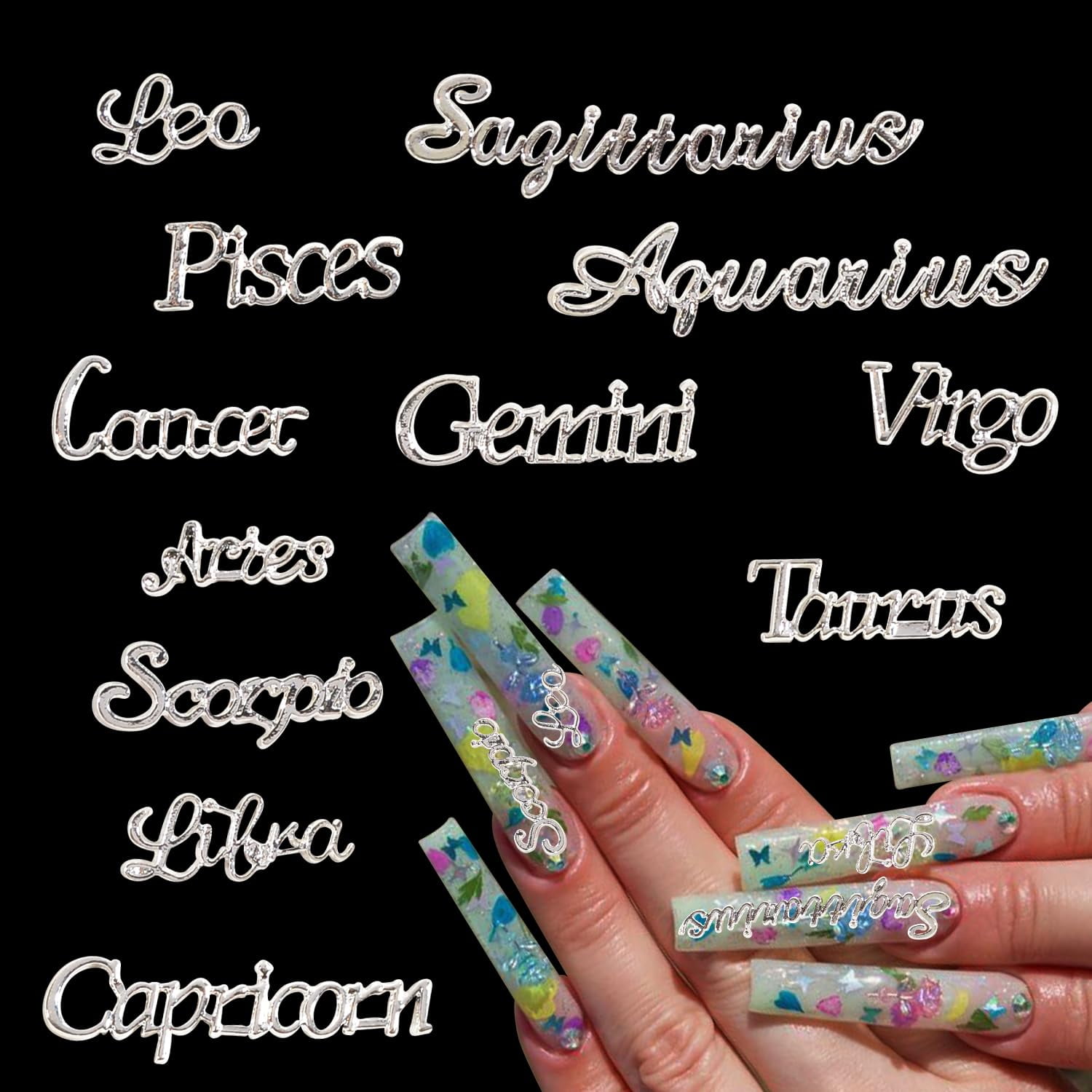 12 PCS 3D Constellation TMA2 Letter Zodiac Nail Charms for Acrylic Nails,Sliver Alloy Twelve ...