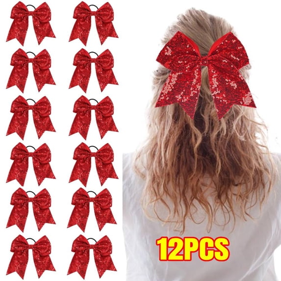 12 PCS 7" Sequin Red Cheer Hair Bows Ponytail Holder Elastic Band ...
