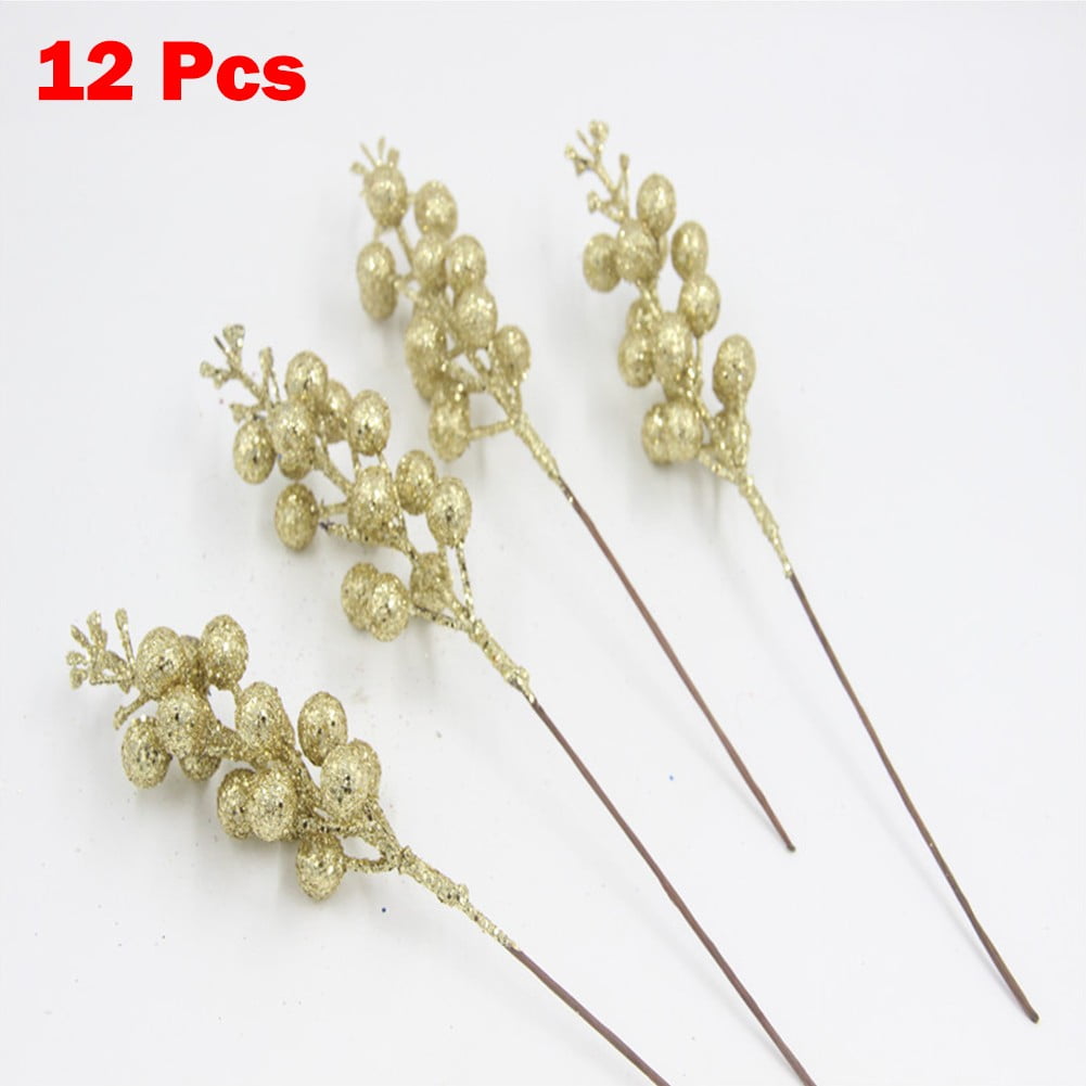 12 PCS Artificial Glitter Berry Stem Christmas Tree Ornaments Gold ...