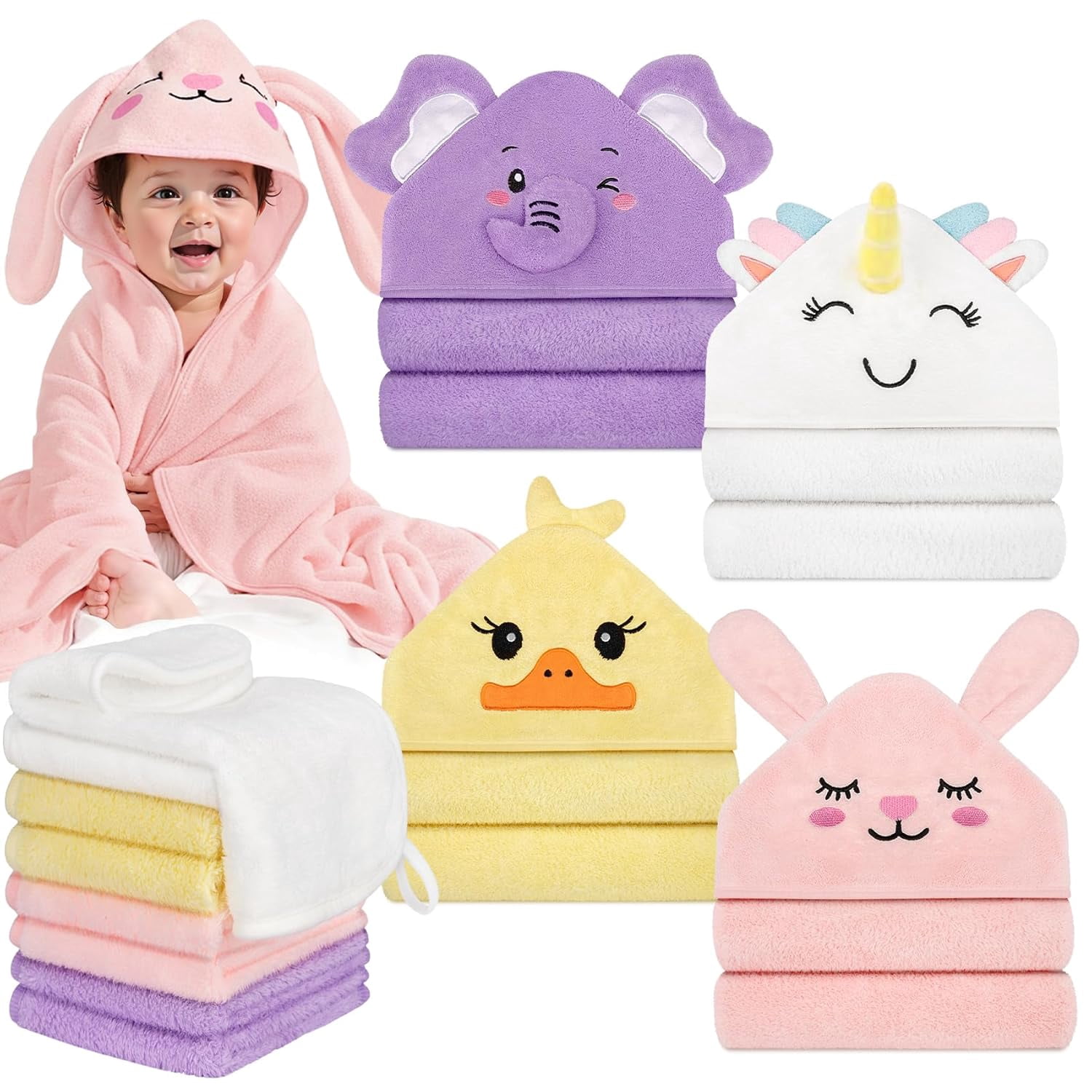 12 PCS Baby Bath Towels for Infants Toddlers, 4 PCS Animal Hooded Baby ...