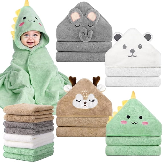 12 PCS Baby Bath Towels Set for Infants Toddlers, 4 PCS Animal Hooded ...
