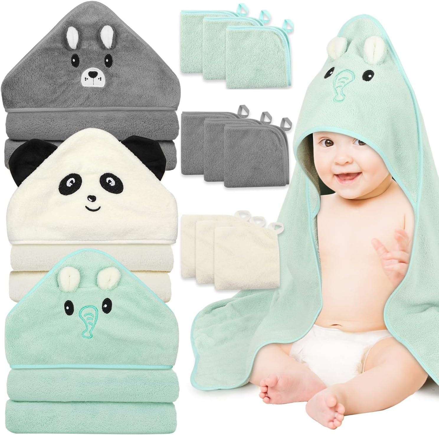 12 PCS Baby Towels, 3 PCS Soft Hooded Baby Towels & 9 PCS Washcloths ...