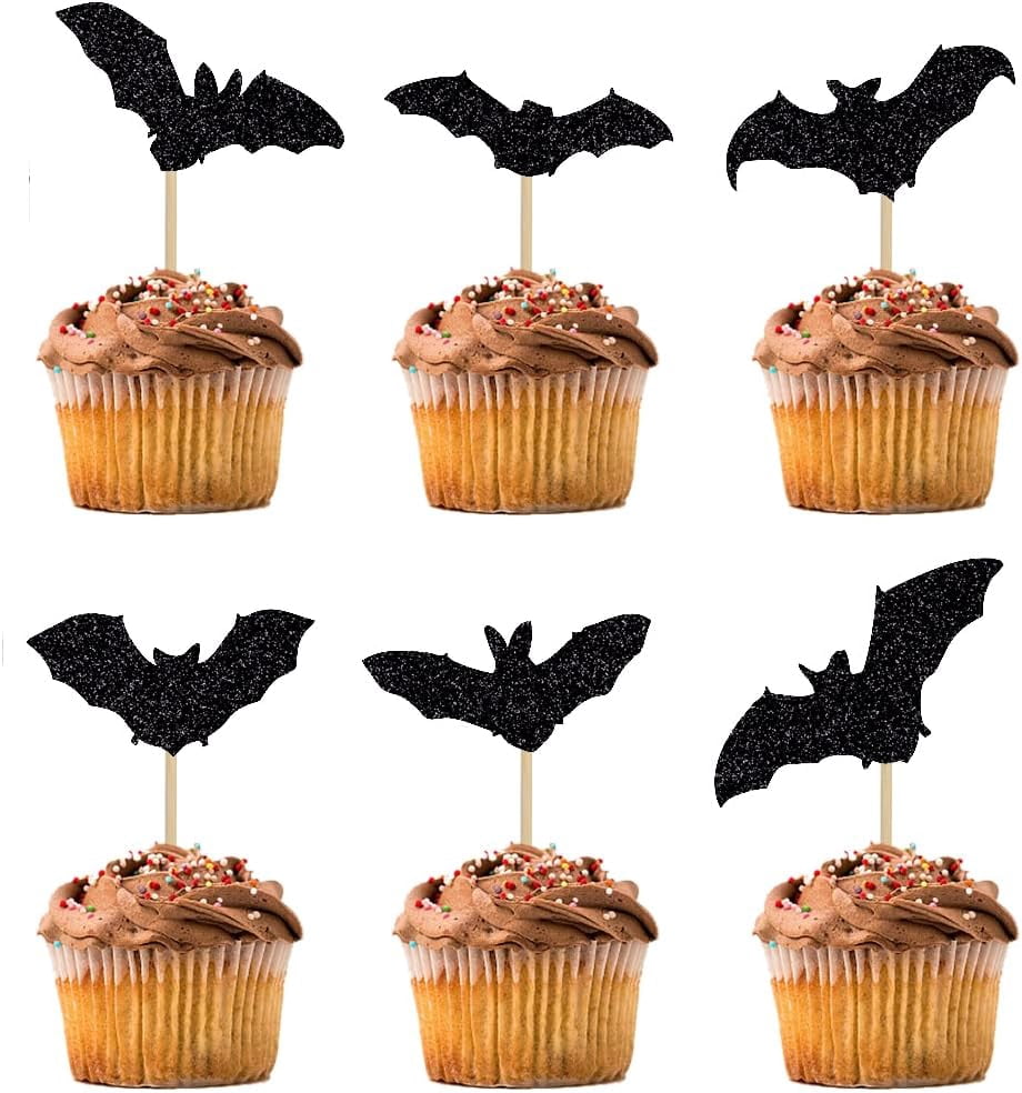 12 PCS Bat Cupcake Toppers Glitter Halloween Bat Themed Cupcake Toppers ...