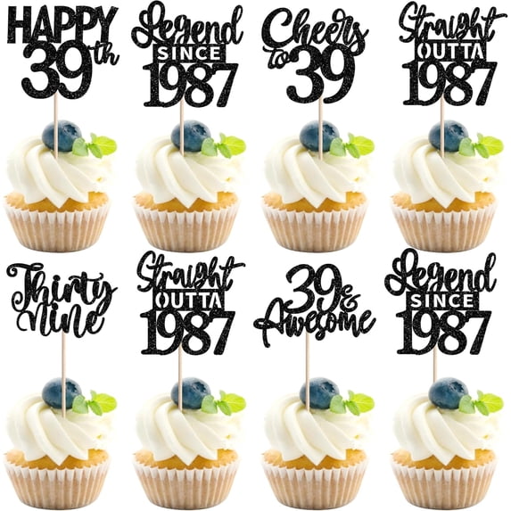 12 PCS Black Glitter 39th Birthday Cupcake Toppers, Cheers to 39 Picks ...
