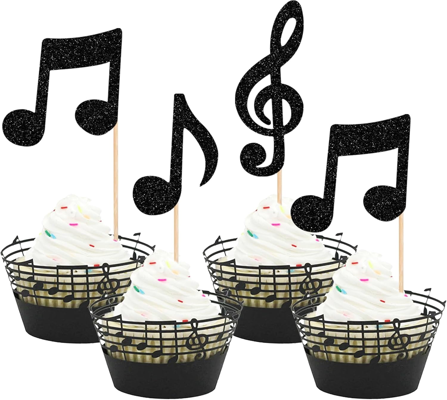12 PCS Black Glitter Music Note and Treble Clef Cupcake Toppers for ...