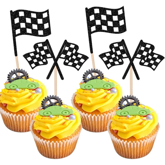 12 PCS Black Glitter Race Car Checkered Flag Cupcake Toppers, Racing ...