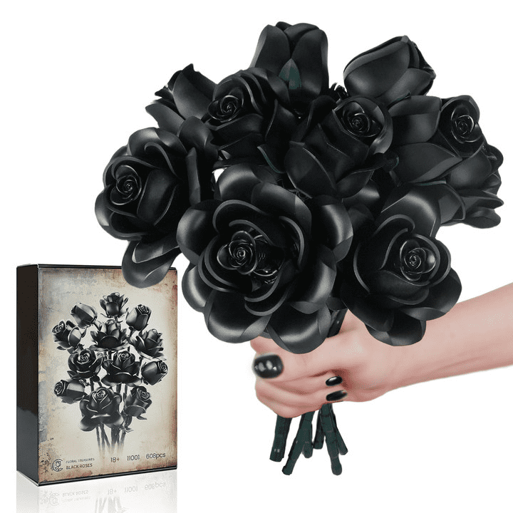 12 PCS Black Rose Building Block Set Plant Bouquet High Quality ...