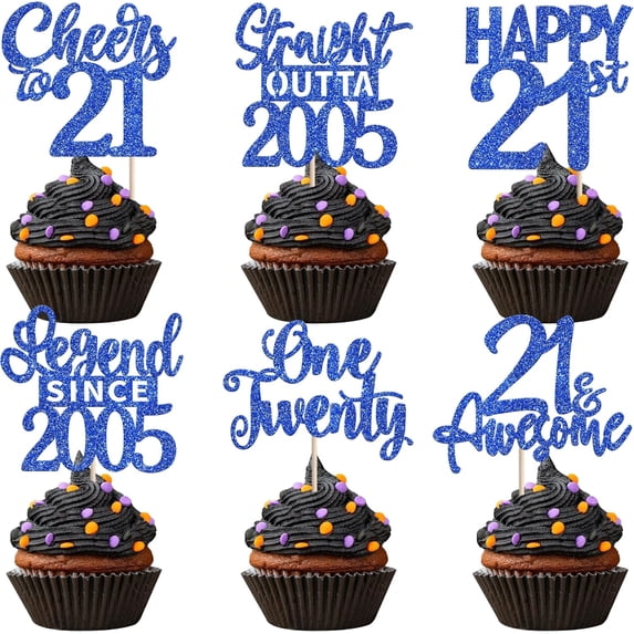 12 PCS Blue Glitter 21st Birthday Cupcake Toppers, Cheers to 21 Picks ...