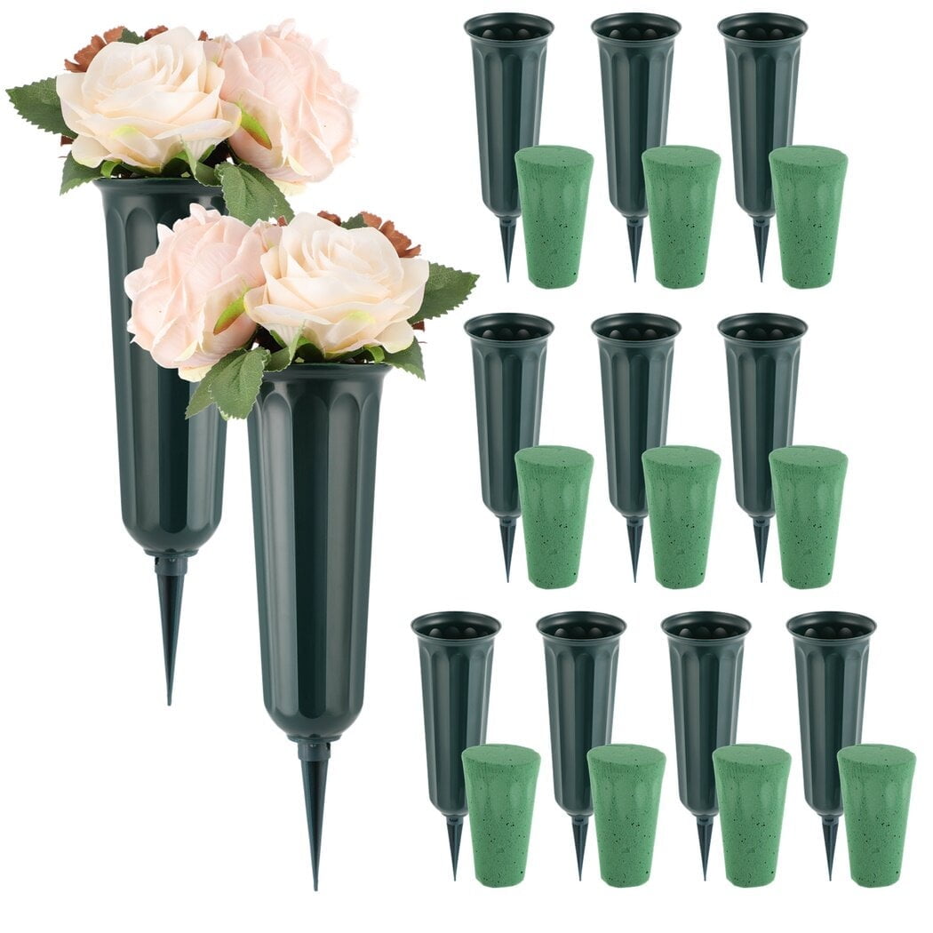 12 PCS Green Plastic Cemetery Vases with Spikes and Foam Insert for ...