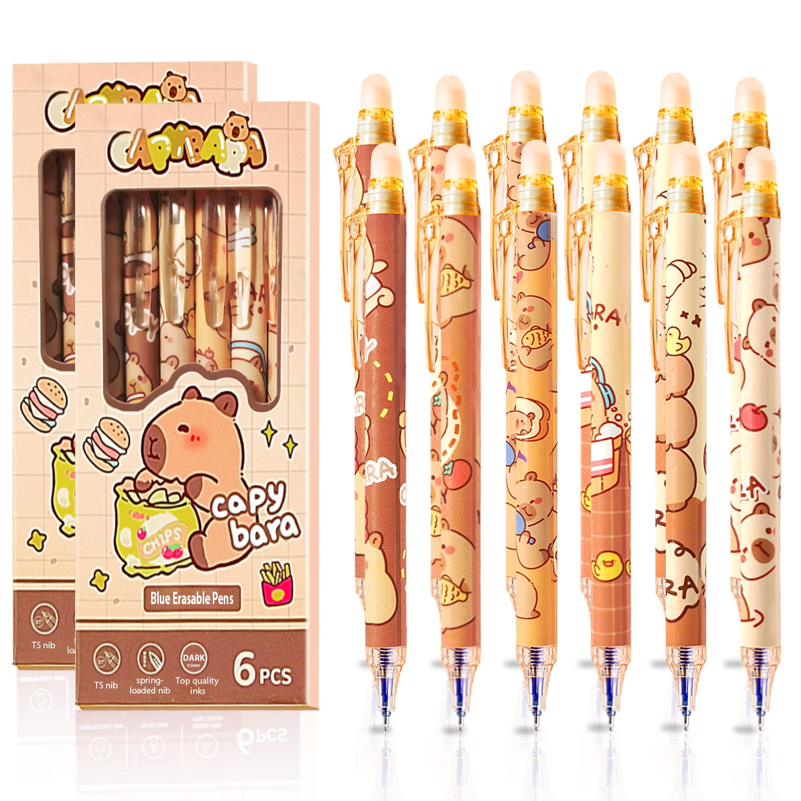12 PCS Cute Erasable Pens,Capybara Erasable Gel Ink Pens,0.5mm Blue Ink ...