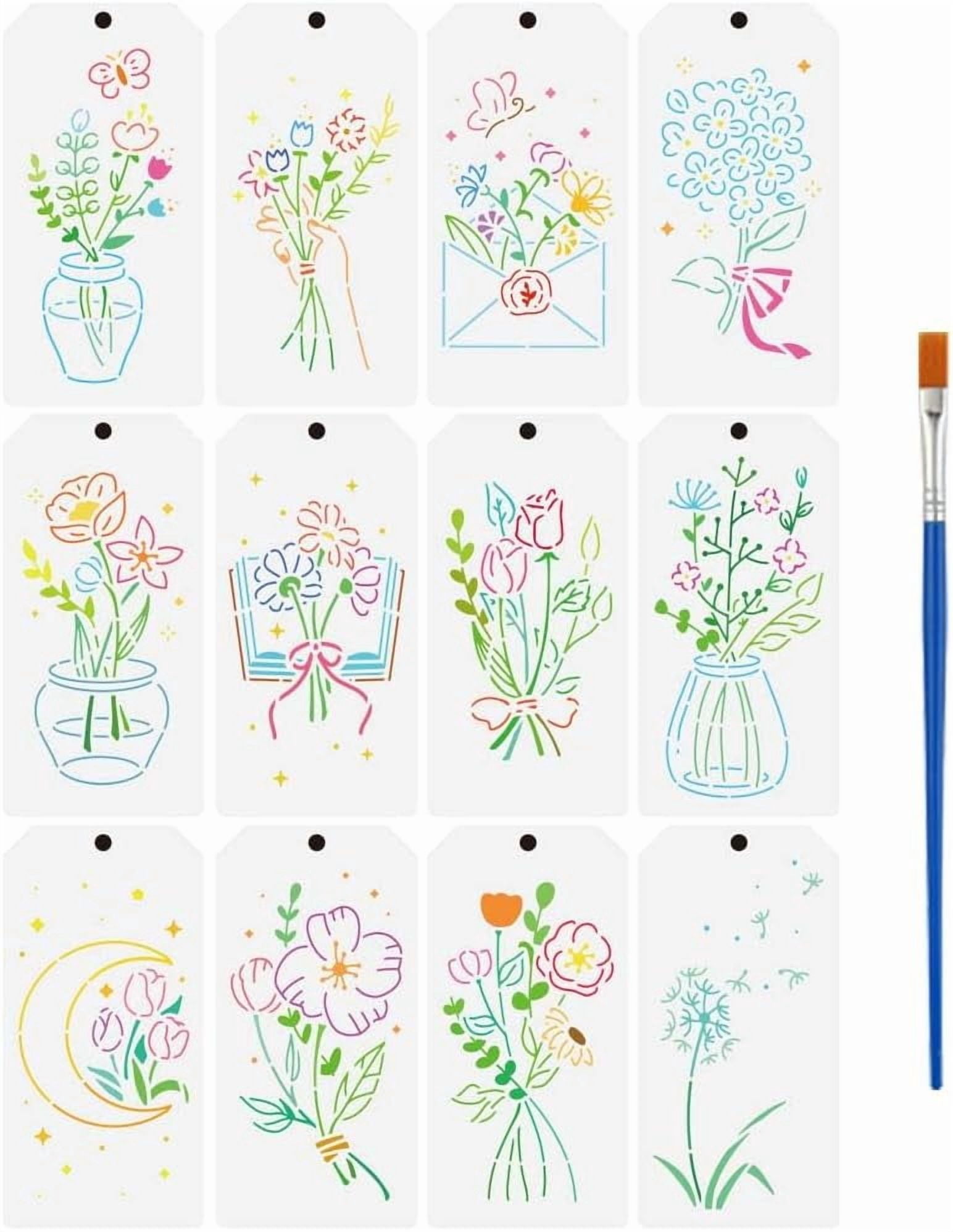 12 PCS Flower Border Stencils for Painting 4.7x9.4inch with Paint Brush ...