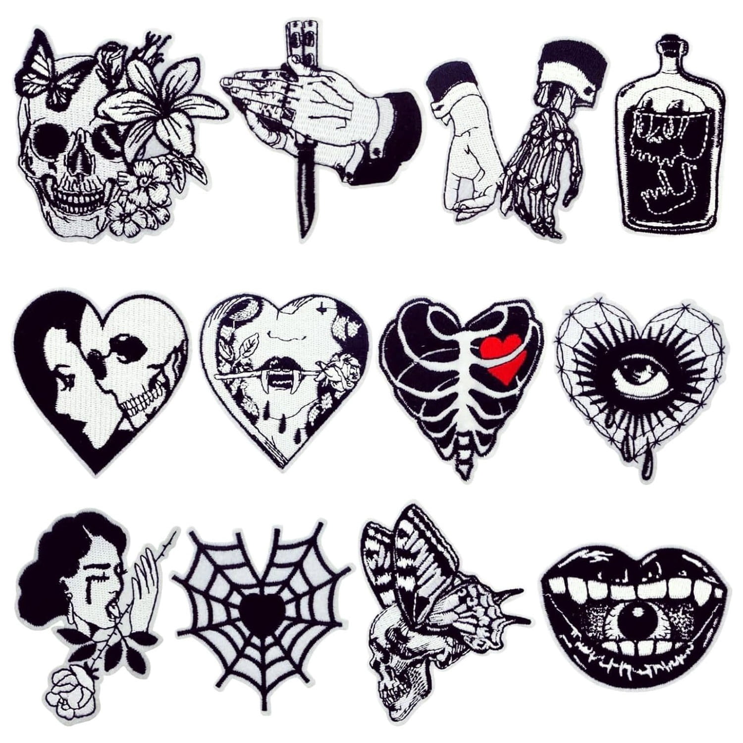 12 PCS Goth Embroidered Iron-On Patches for Clothes Gothic Horror Hand ...