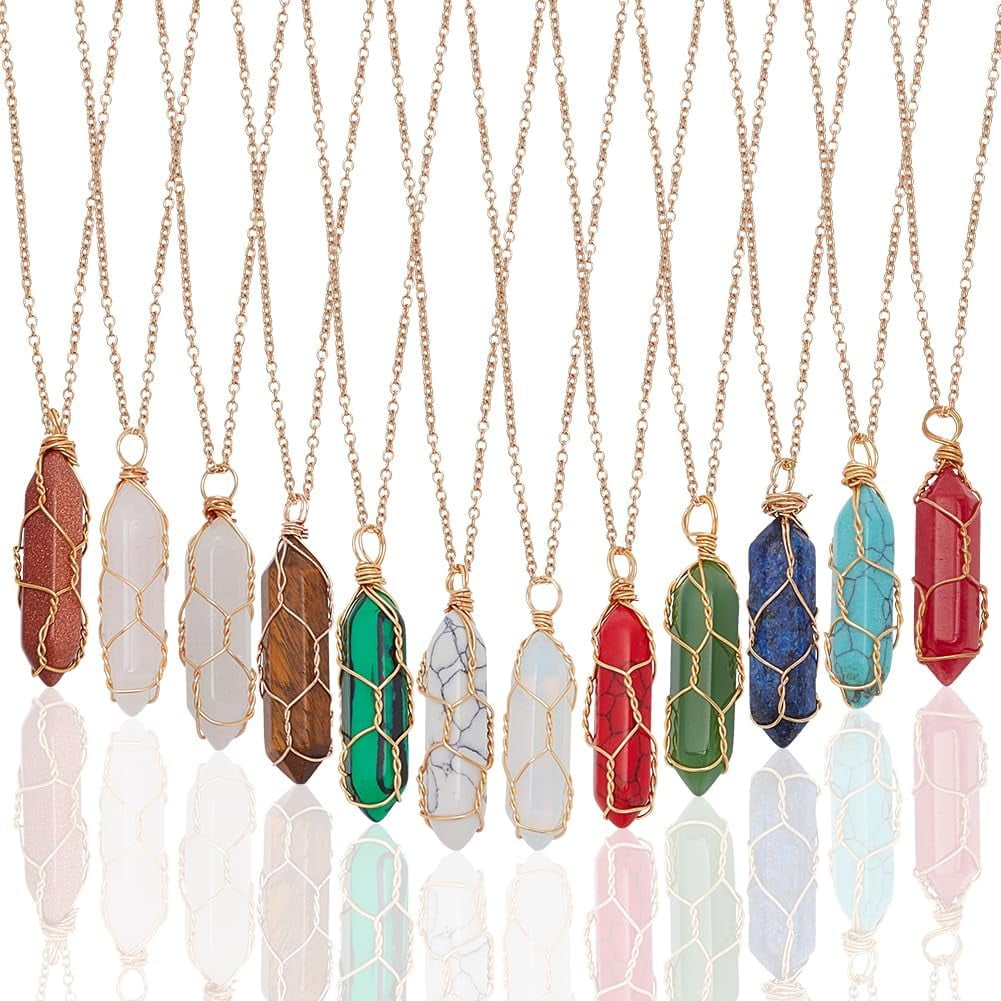 12 PCS Necklaces for Women Wire Wrapped Natural Stone Necklaces with ...