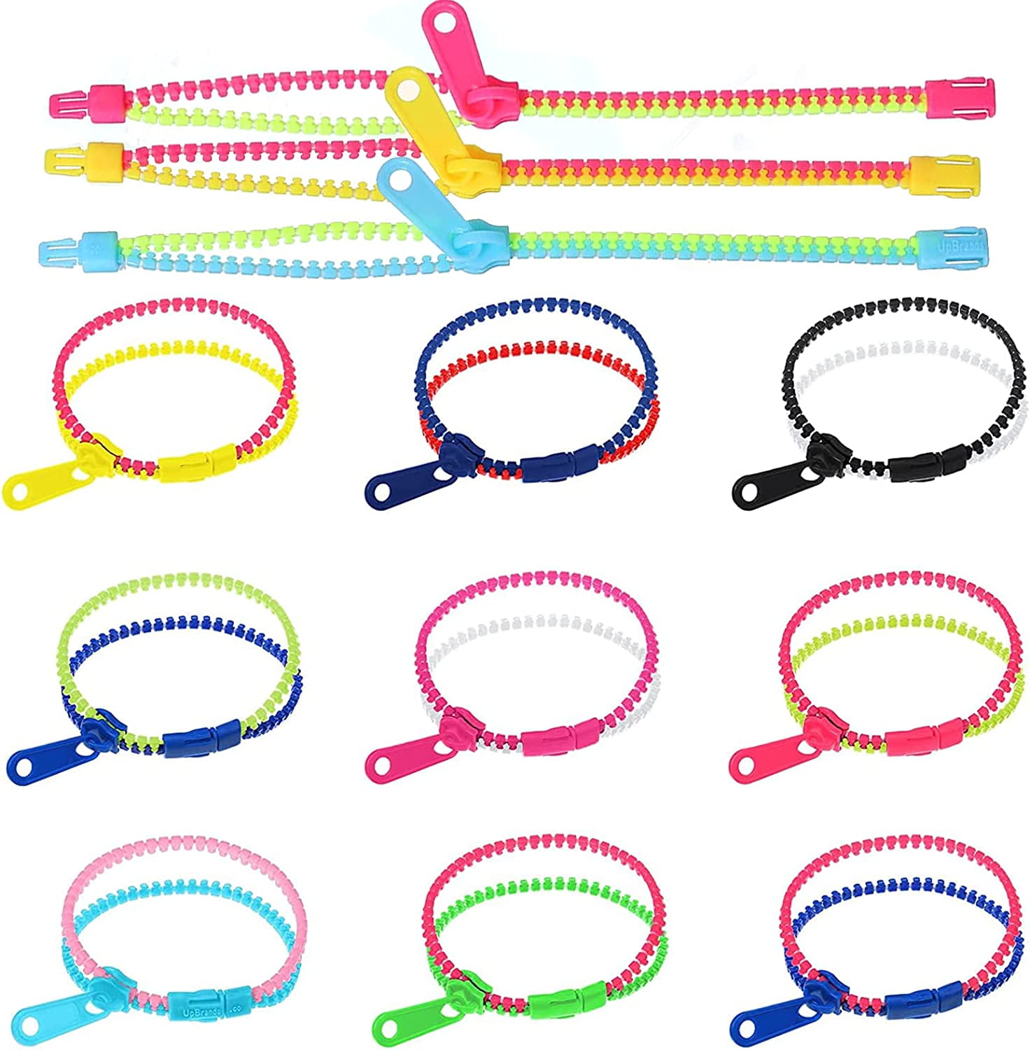 12 PCS Party Zipper Bracelets, Zipper Bracelet Fidget Toy Neon Colors ...