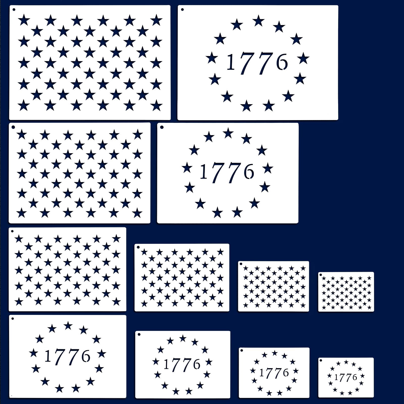 12 PCS Plastic American Stencil Template, 6 Sizes 13 Stars 1776 ...