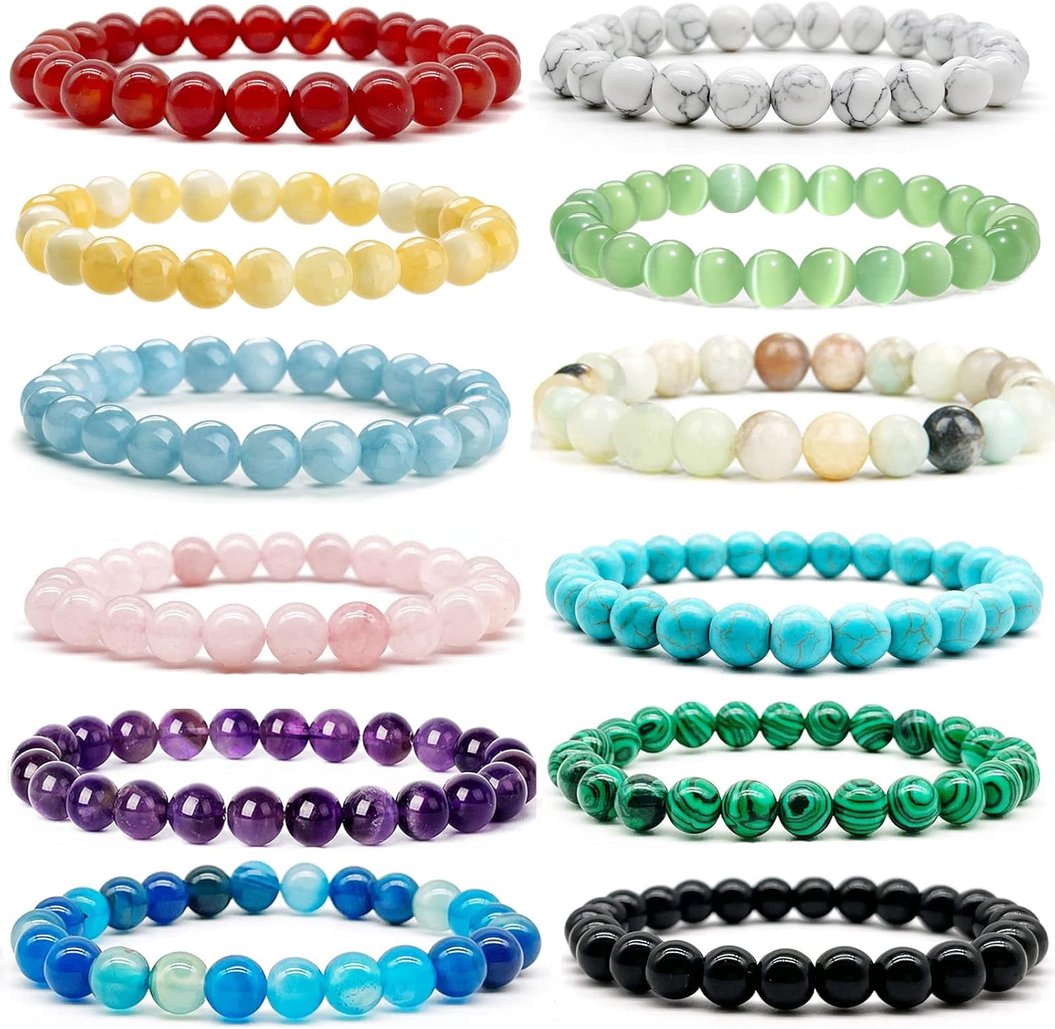 12 PCS Pro Gemstone 8mm Round Beaded Bracelet Set Healing Crystal Stone ...