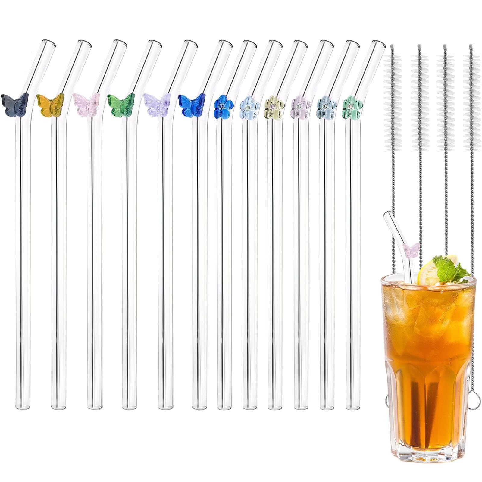 12 PCS Reusable Glass Straws, Cute Colorful Glass Straws with Charms ...