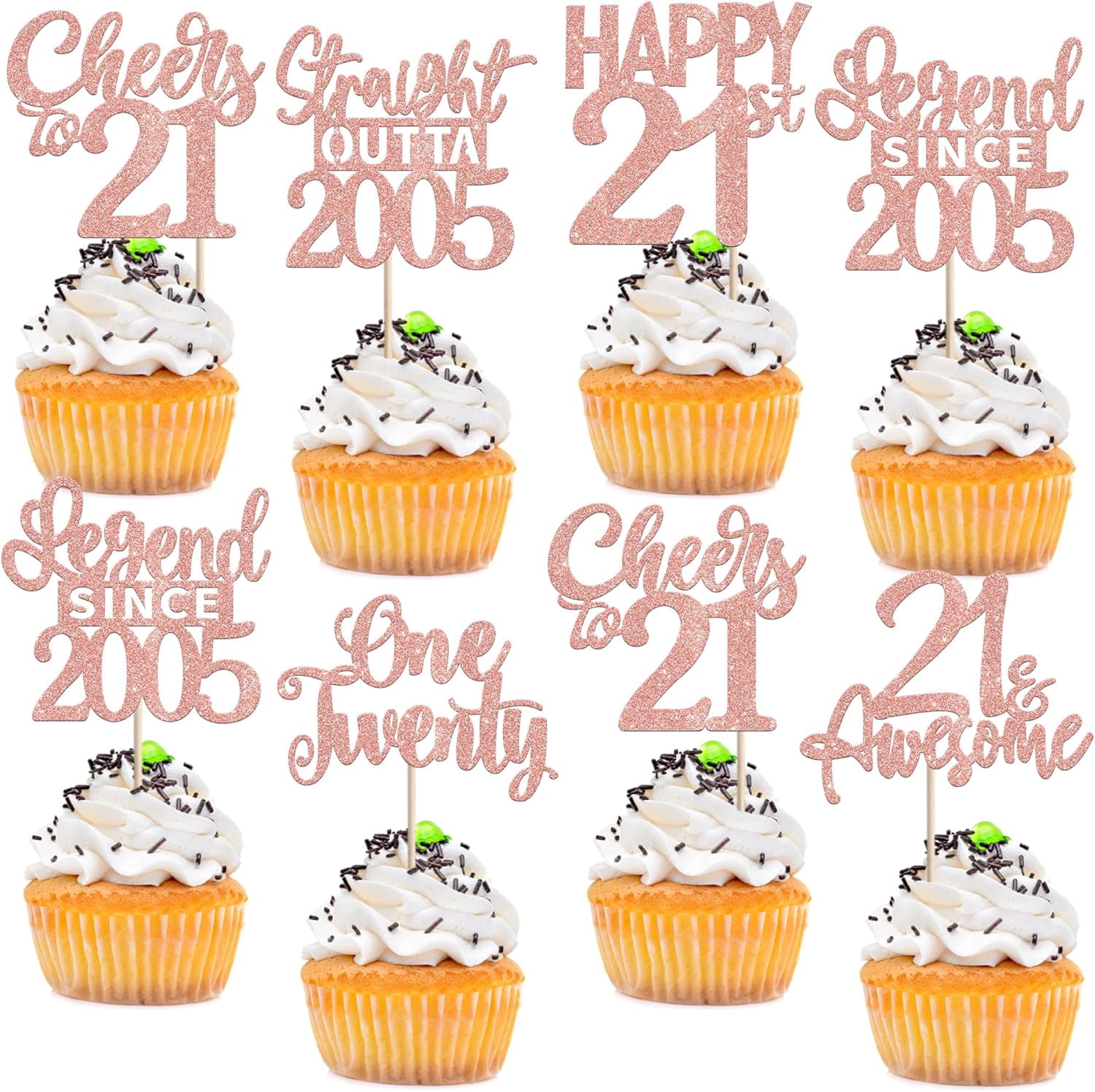 12 PCS Rose Gold Glitter 21st Birthday Cupcake Toppers, Cheers to 21 ...
