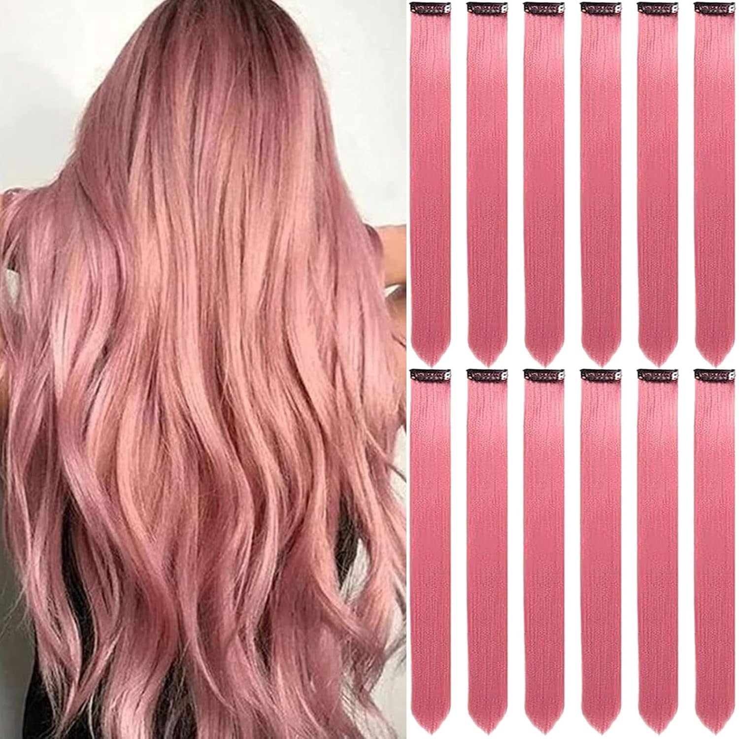 12 PCS Rose Pink Hair Extensions Clips In, Straight Pink Clip Colored ...