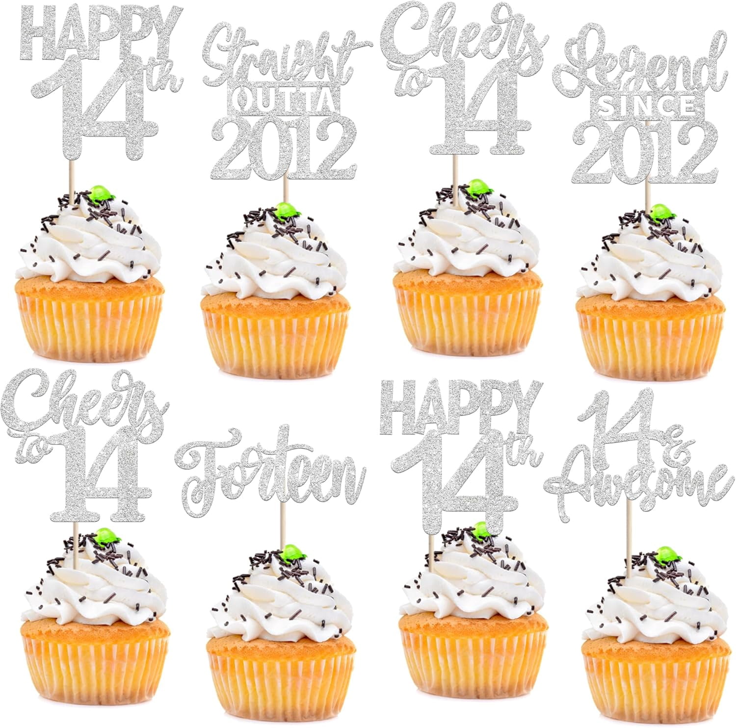 12 PCS Silver Glitter 14th Birthday Cupcake Toppers, Cheers to 14 Picks ...