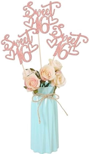 12 PCS Sweet 16 Centerpiece Sticks Double Sided Glitter Happy 16th ...