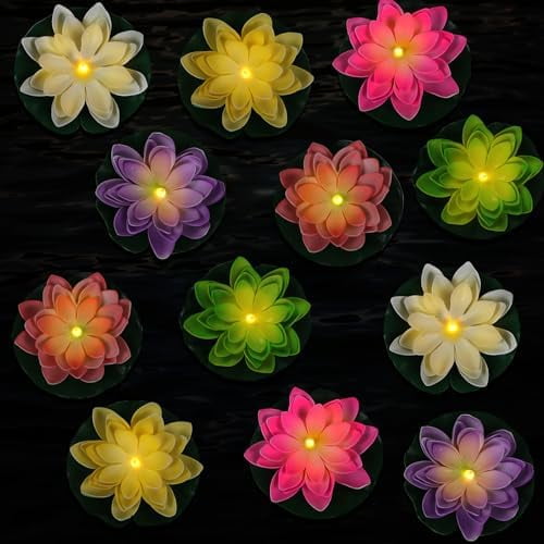 12 PCS Waterproof Floating Lotus Light - Diwali Floating Flower Light ...