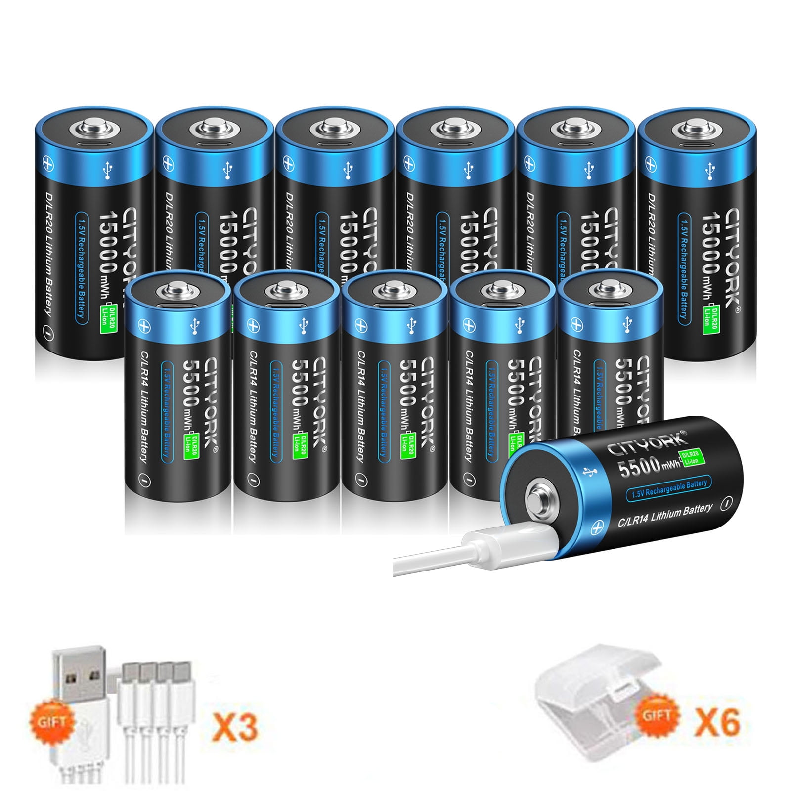 12 Pack 1.5V USB Lithium High Capacity Battery, 6 Pack 5500mWh C Size ...