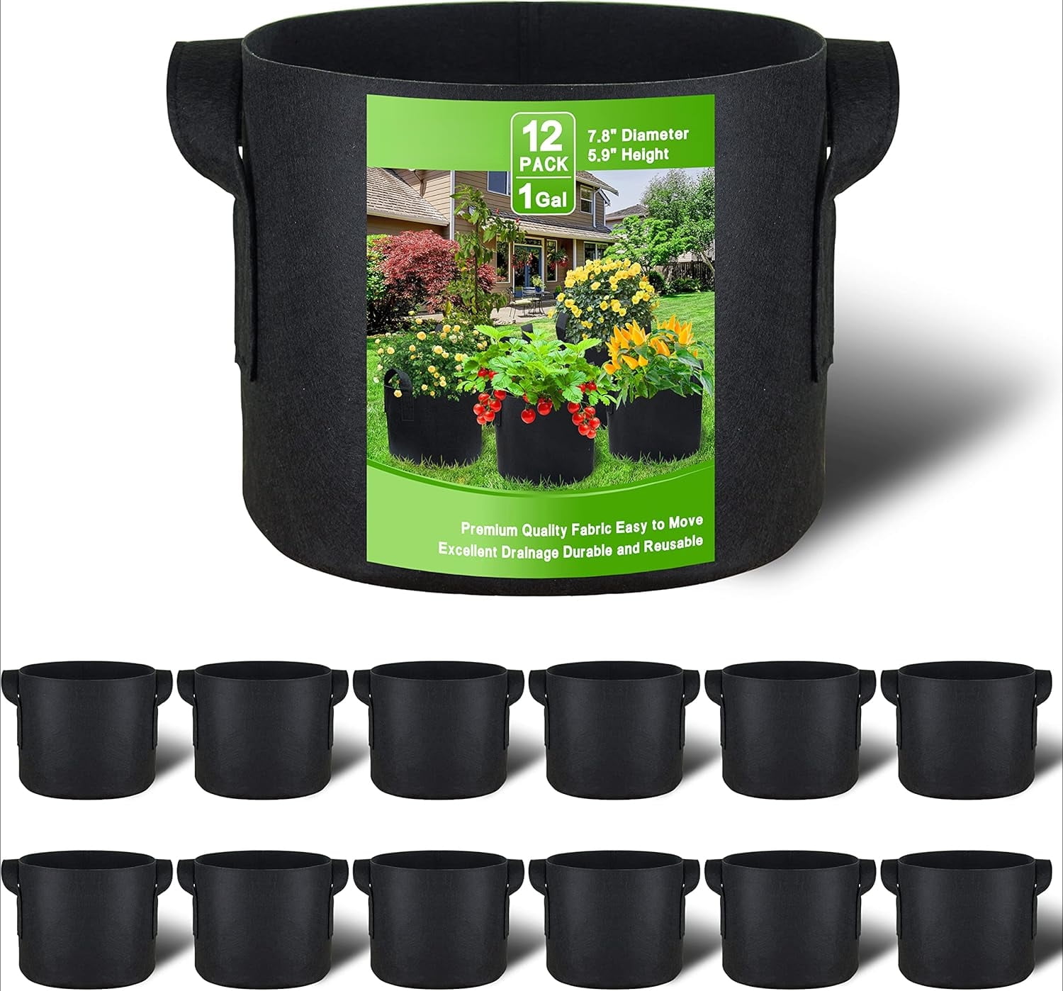 12-Pack 1 Gallon Nonwoven Grow Bags, Heavy Duty Aeration Fabric Pots ...