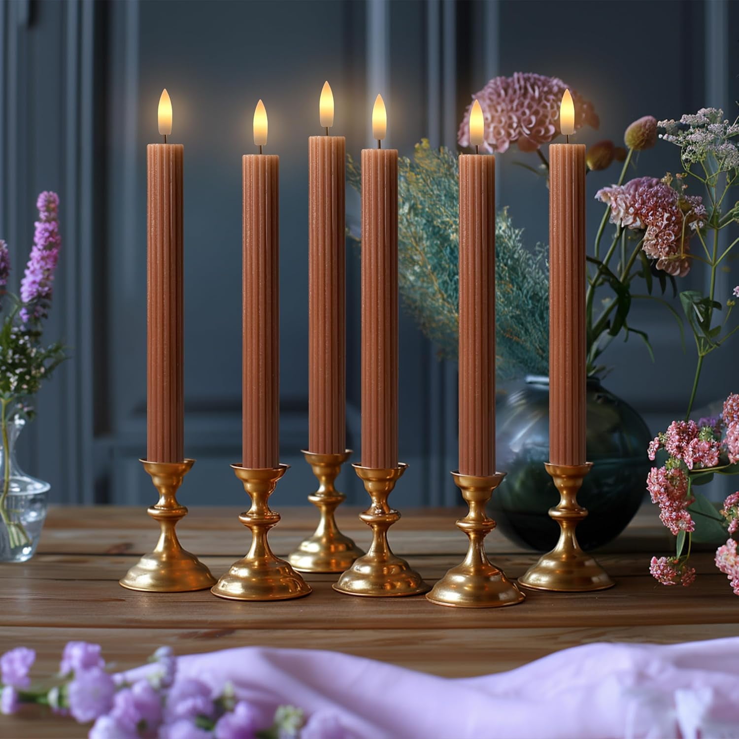 12 Pack, 10" LED Flameless Brown Tan Fluted Ribbed Grooved Taper ...