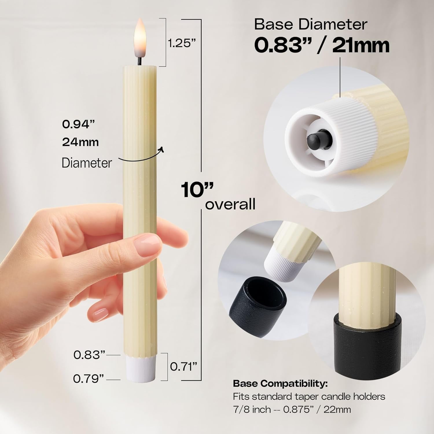 12 Pack, 10" LED Flameless Ivory Fluted Ribbed Grooved Taper Candles ...