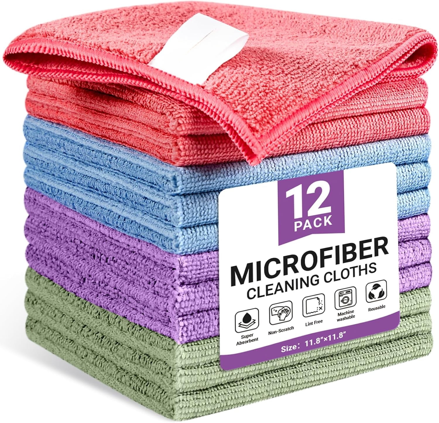 12-Pack 11.8"x11.8" Assorted Color Microfiber Cloths | Reusable | For ...