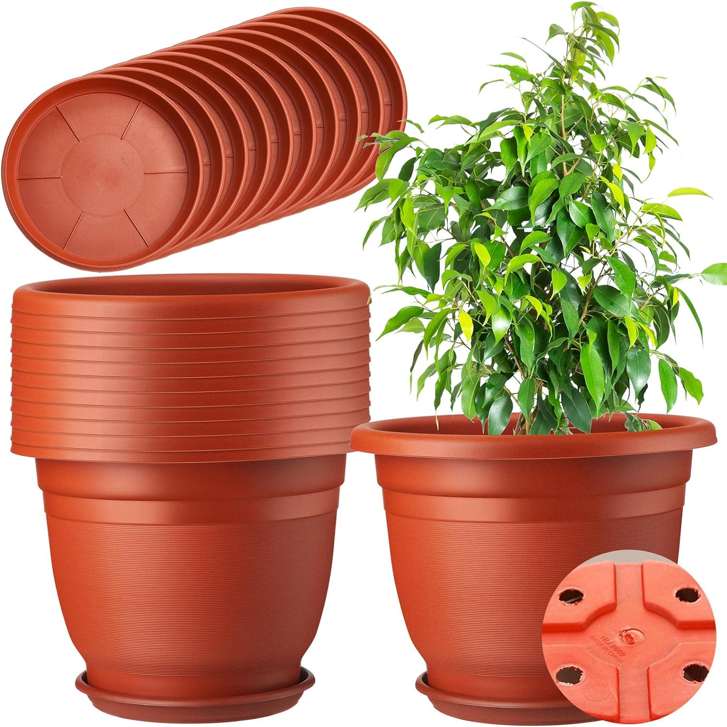 12 Pack 12'' Plastic Plant Pots Round Planter Pots with Saucer Tray ...