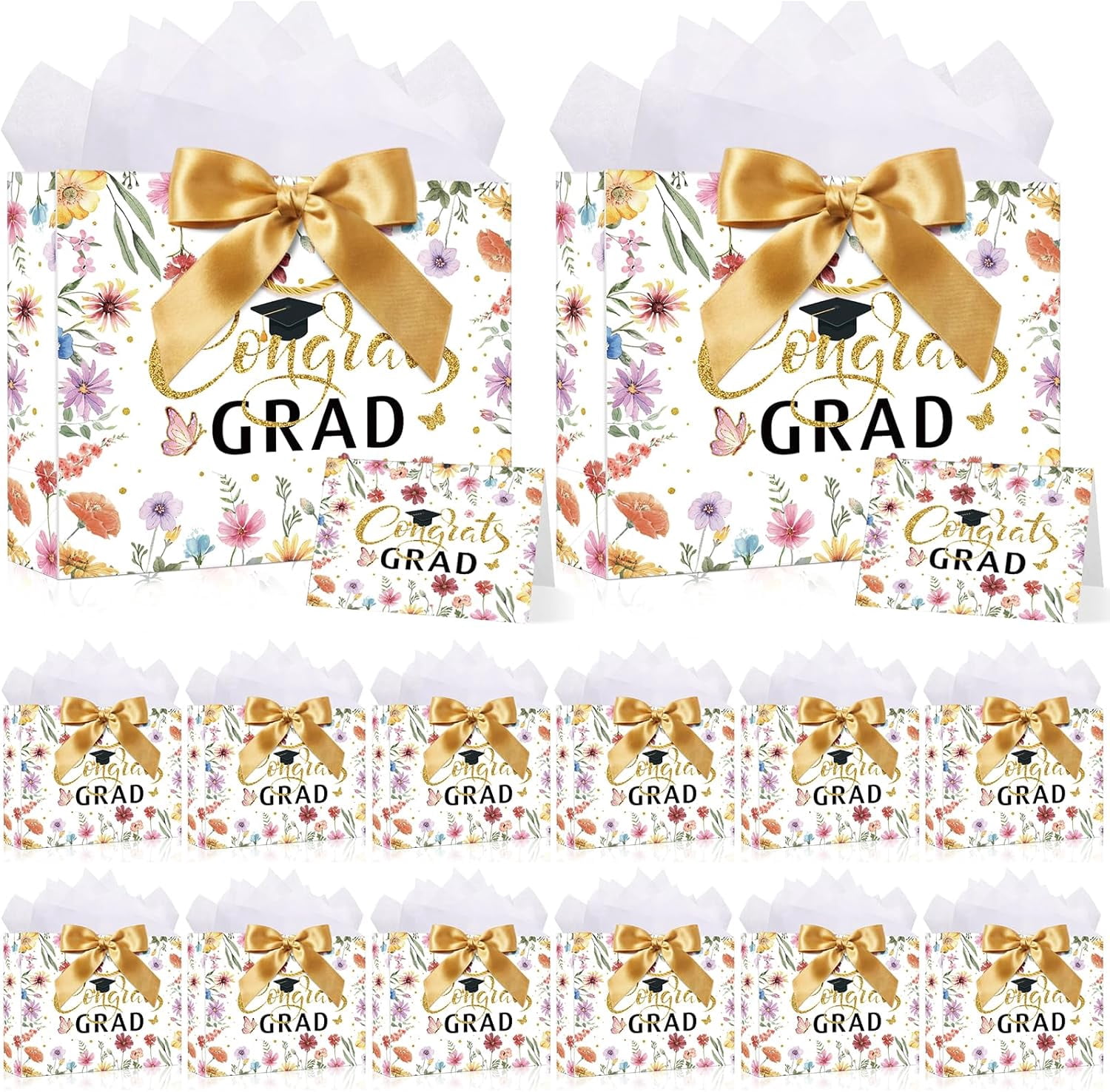 12 Pack 13" Large Floral Graduation Gift Bags Bulk 2026 Black and Gold ...