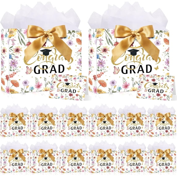 12 Pack 13" Large Floral Graduation Gift Bags Bulk 2026 Black and Gold ...
