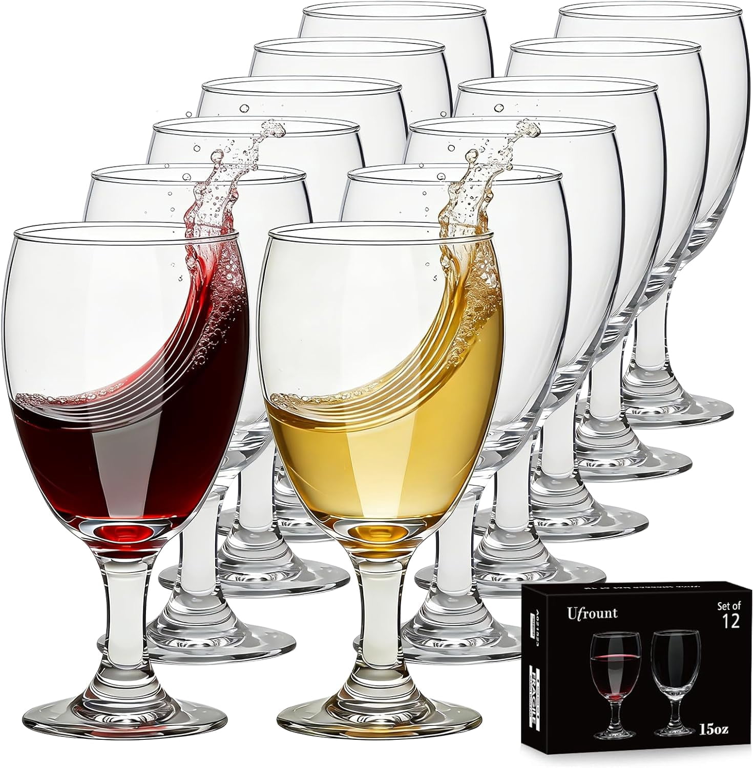12-Pack 15oz Short Stem Wine Glasses, Clear Water Goblets with Gift Box ...