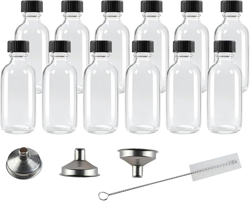 12 Pack 2 oz Glass Shot Bottles with Caps,Clear Round Small Glass Ginger Shot Bottle With Lids ...